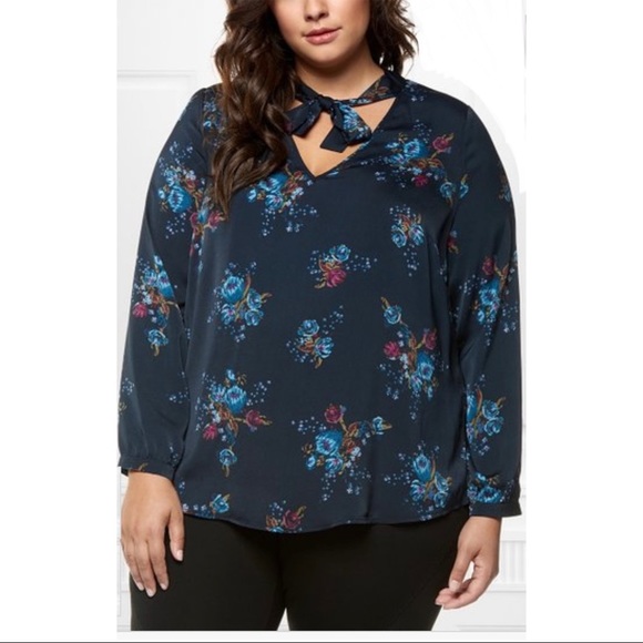 Dex | Tops | Dex Blue Floral Plus Size Tie Neck Blouse | Poshmark